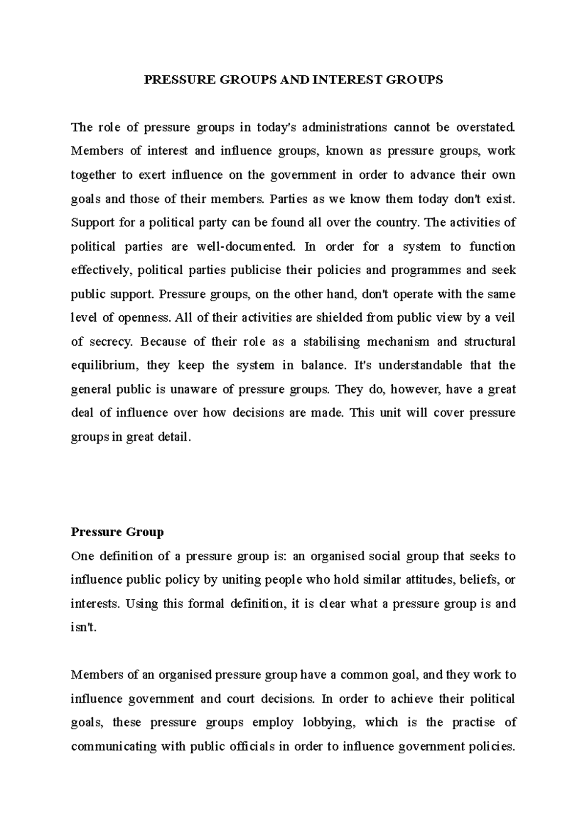 Pressure Groups AND Interest Groups - PRESSURE GROUPS AND INTEREST ...