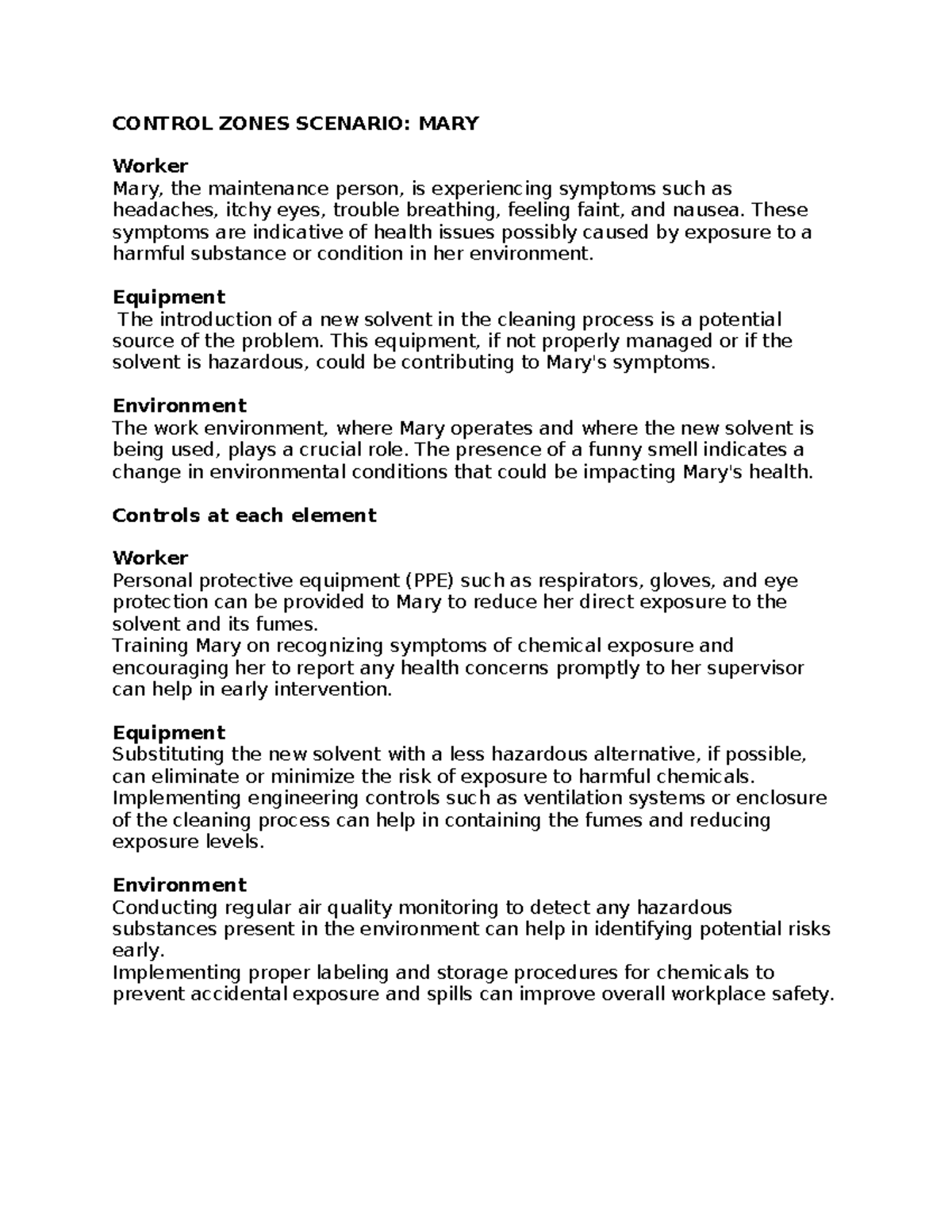 Control Zones Scenario - CONTROL ZONES SCENARIO: MARY Worker Mary, the ...