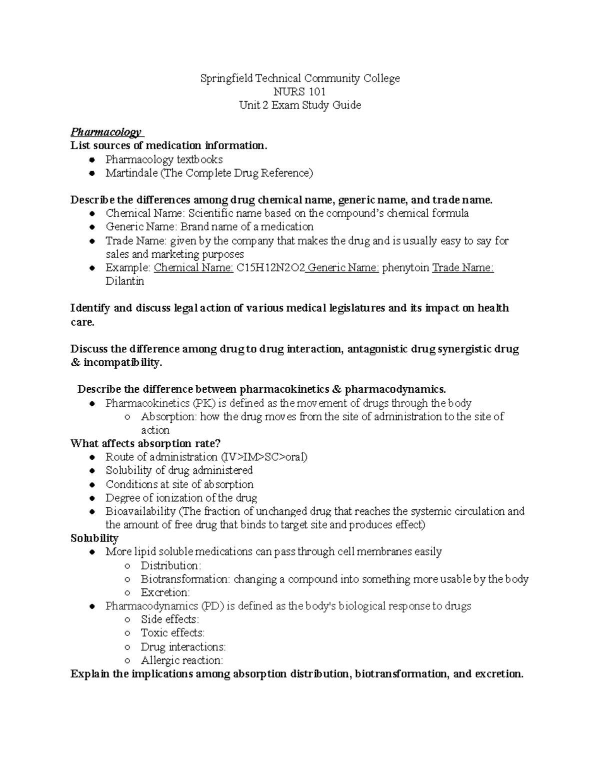 Unit 2 Exam Study Guide - Springfield Technical Community College NURS 101 Unit 2 Exam Study ...