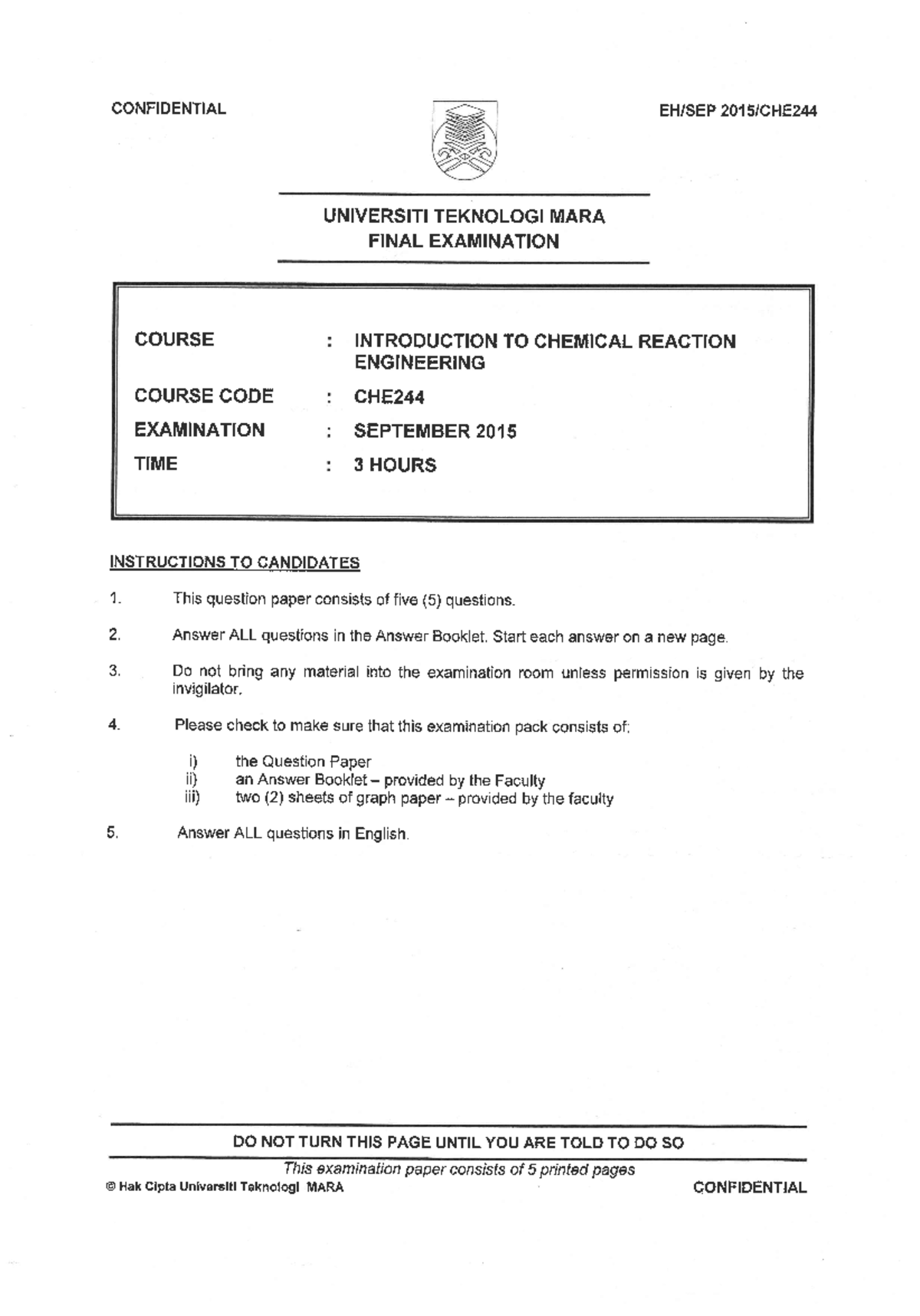 CHE244 2019 exam paper - past year - Chemical Engineering - Studocu