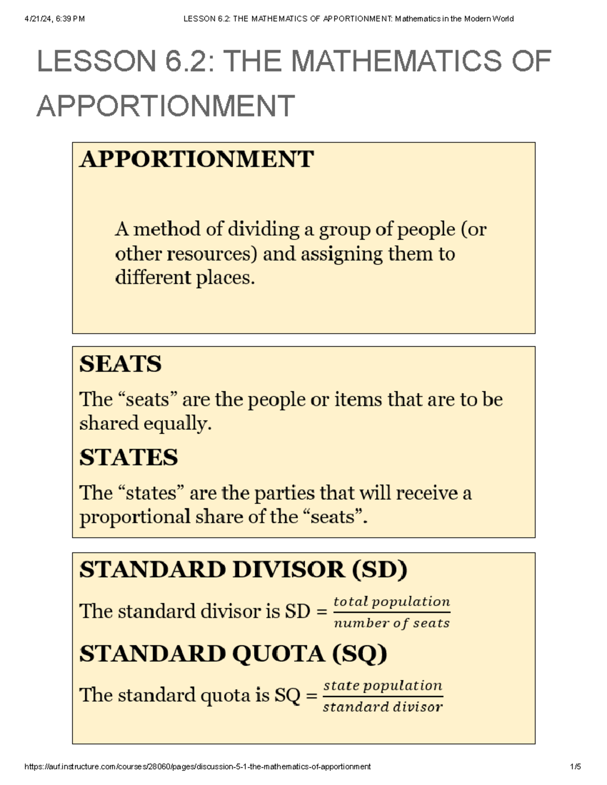 Lesson 6.2 THE Mathematics OF Apportionment Mathematics in the Modern ...