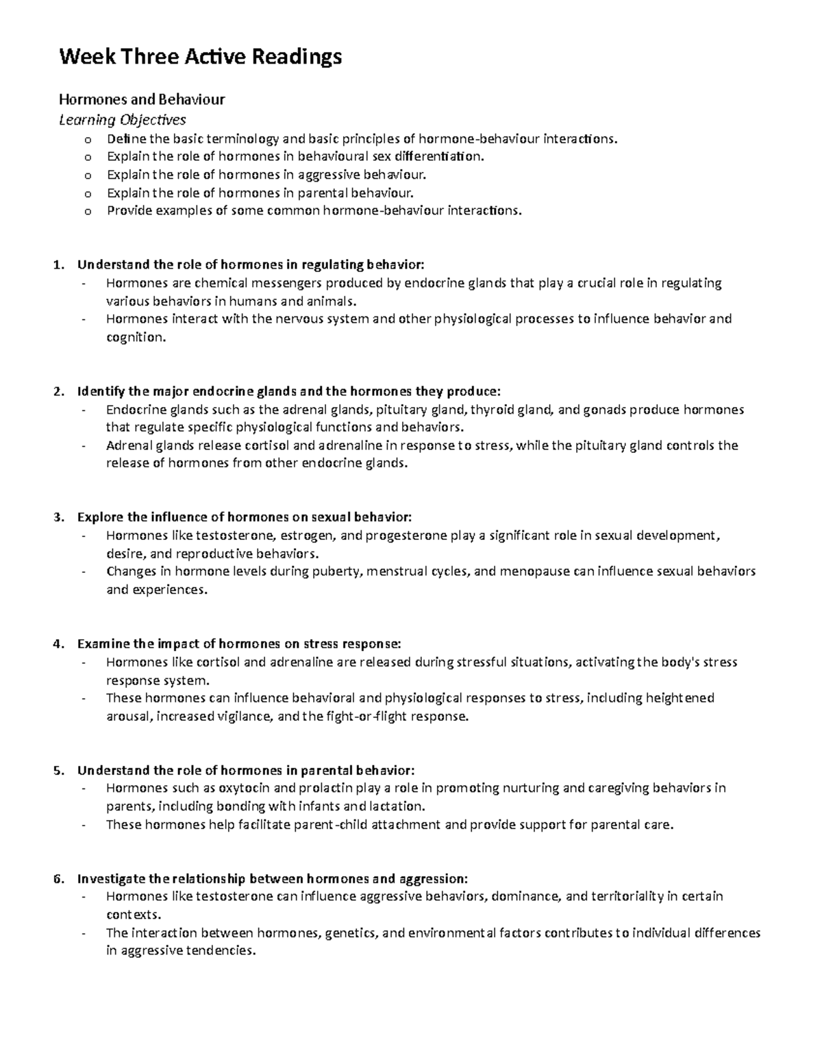 Hormones and Behaviour - Week Three Active Readings Hormones and ...