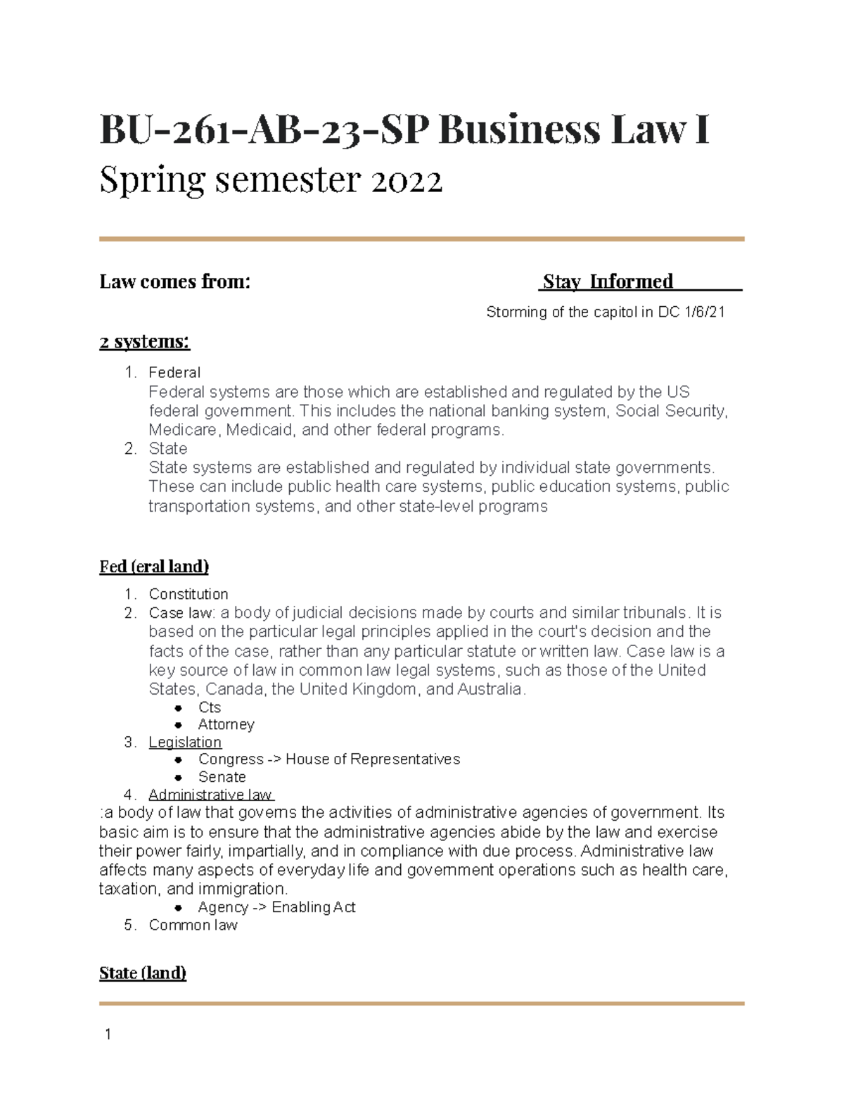 Buisness law lecture notes - BU-261-AB-23-SP Business Law I Spring ...
