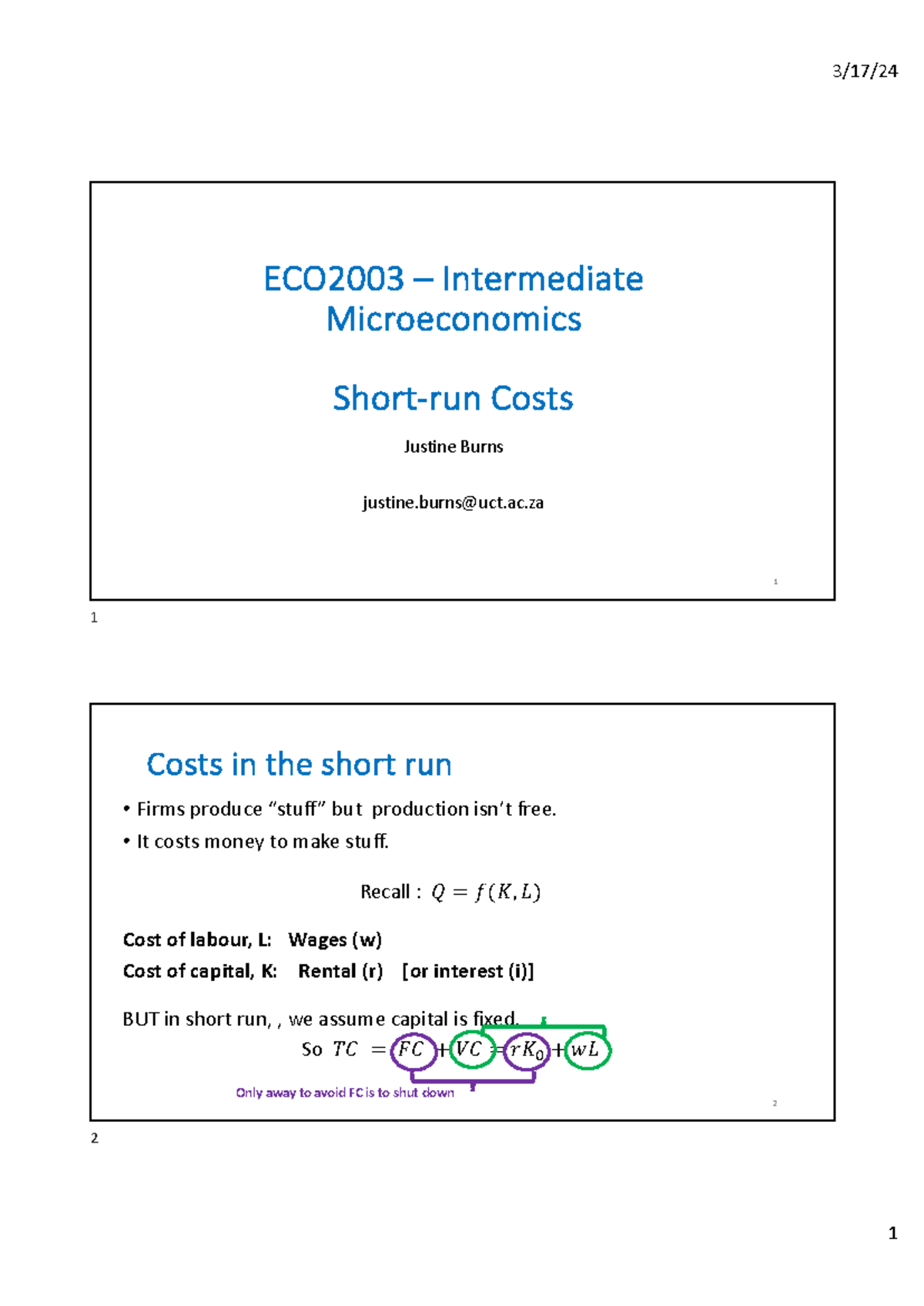 ECO2003 - Costs in the short run - Lesson 3 - 3/17/ 1 ECO2003 ...