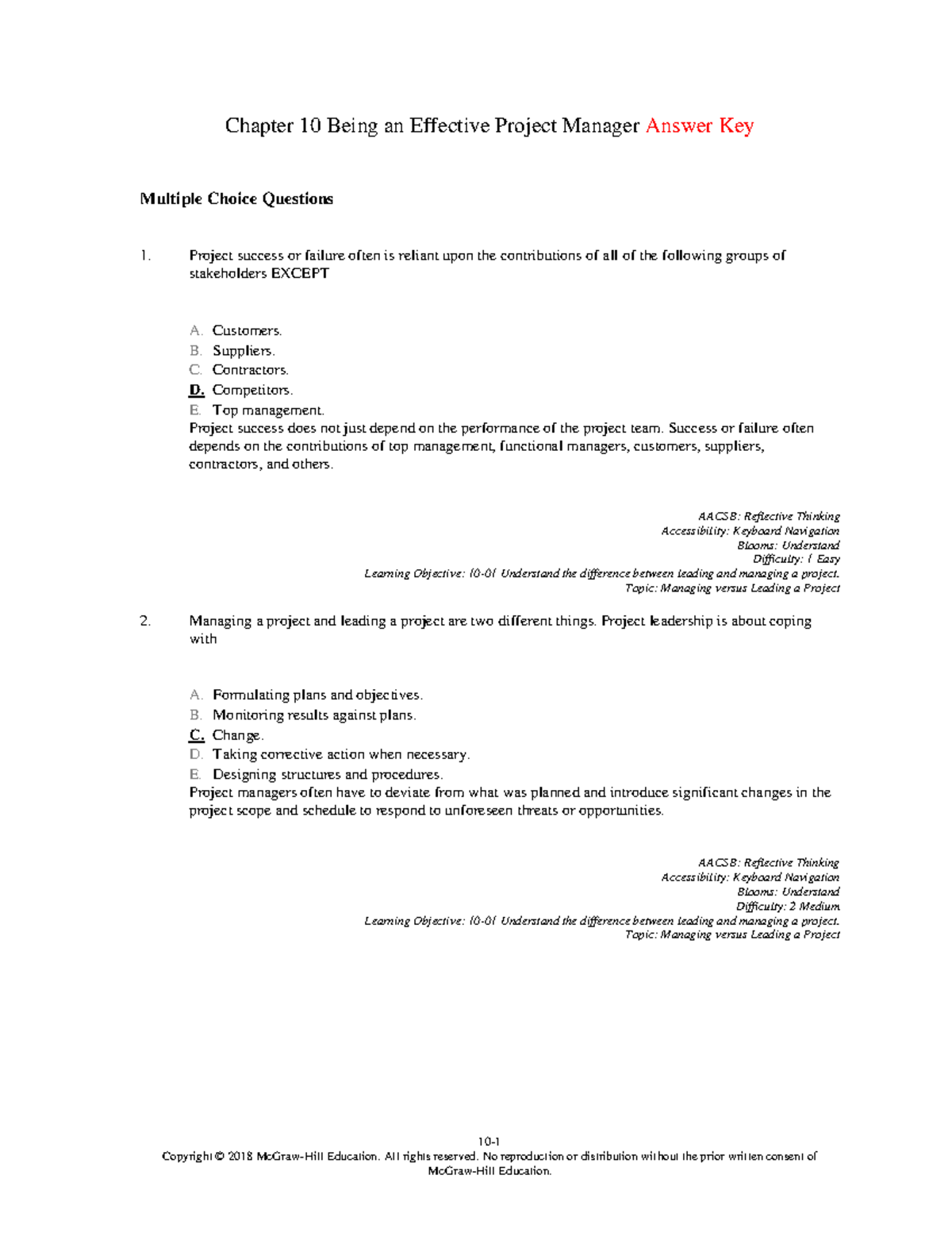 Project Management The Managerial Process Chap 10 Test Bank - 10 ...