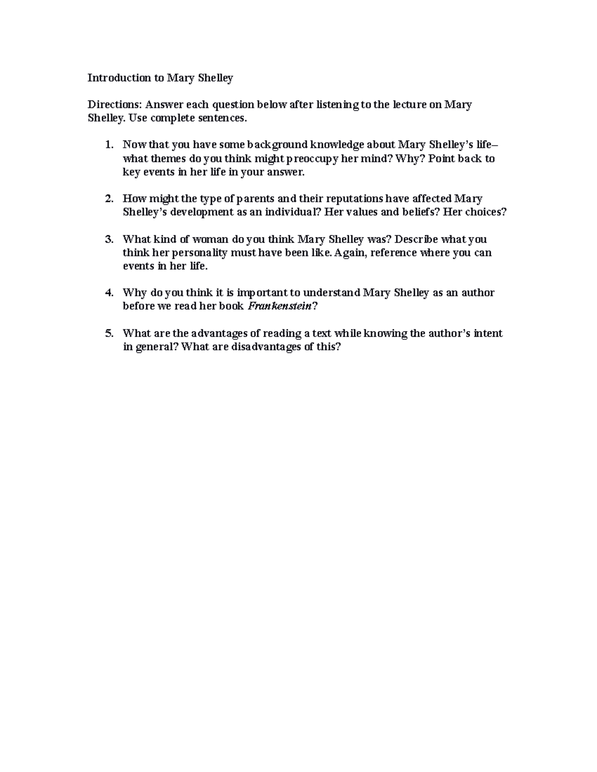 Mary Shelley Biography - Introduction to Mary Shelley Directions ...