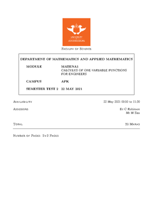 UJ - Engineering Mathematics 1A - Studocu