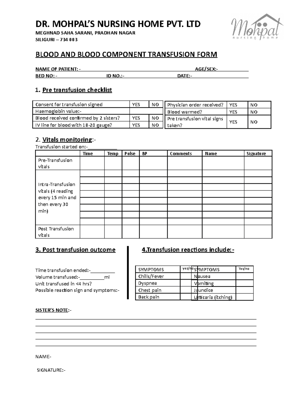 Blood and blood component transfusion form - DR. MOHPAL’S NURSING HOME ...