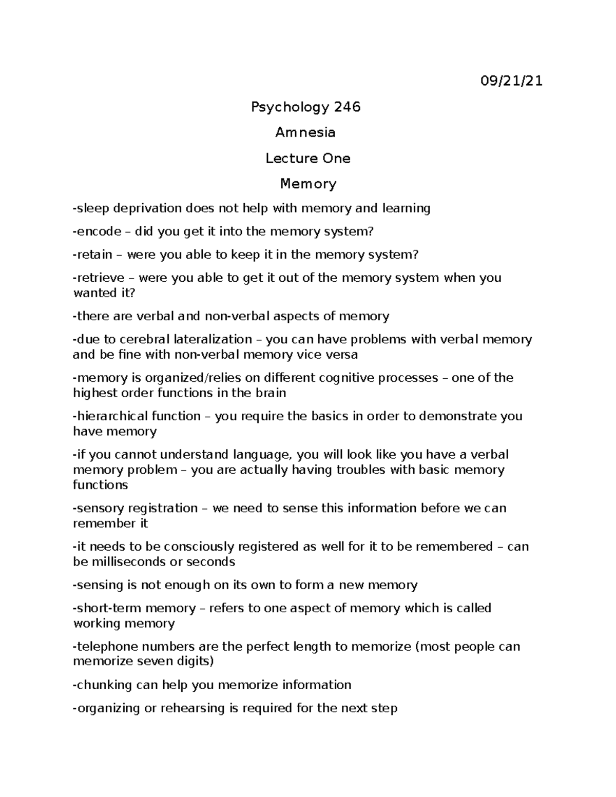 Psychology 246 - Lecture One Memory - 09/21/ Psychology 246 Amnesia ...