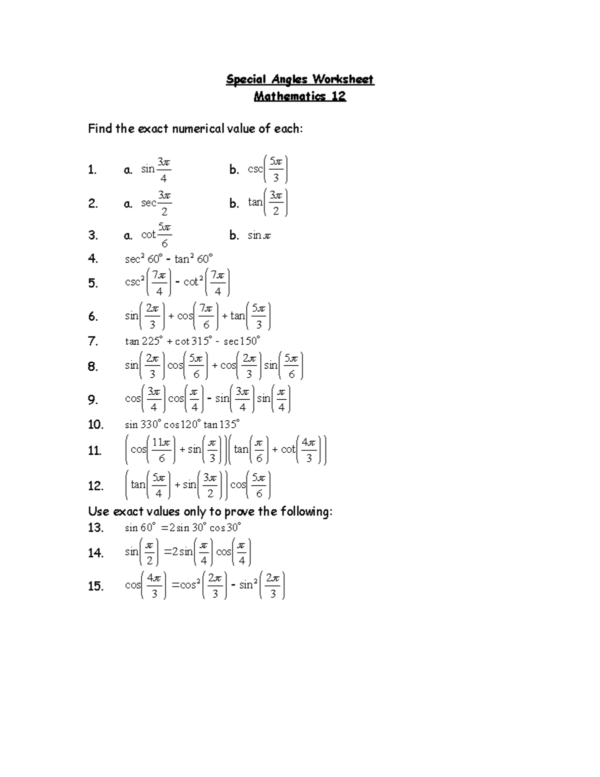 L3 Special Angles Worksheet - Special Angles Worksheet Mathematics 12 ...