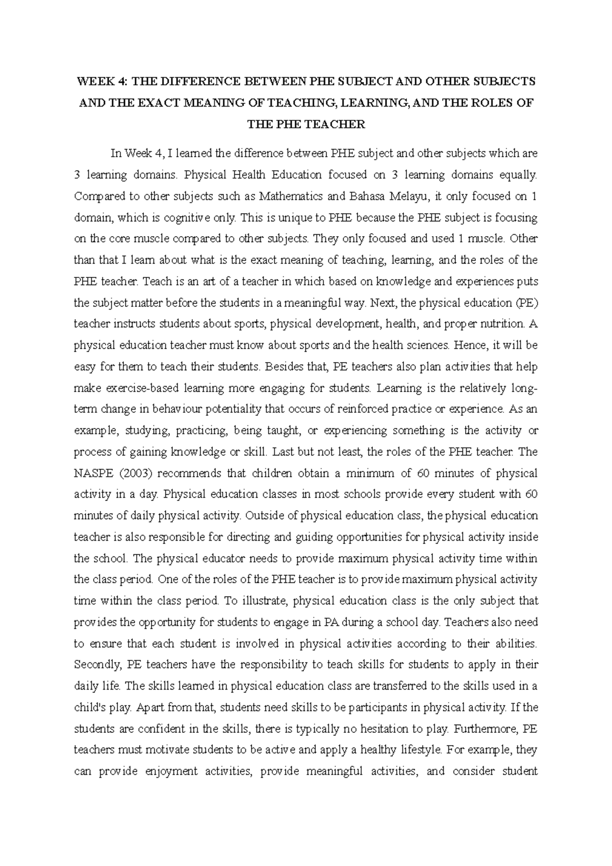 WEEK 4 - DR AHMAD ANUAR - WEEK 4: THE DIFFERENCE BETWEEN PHE SUBJECT ...