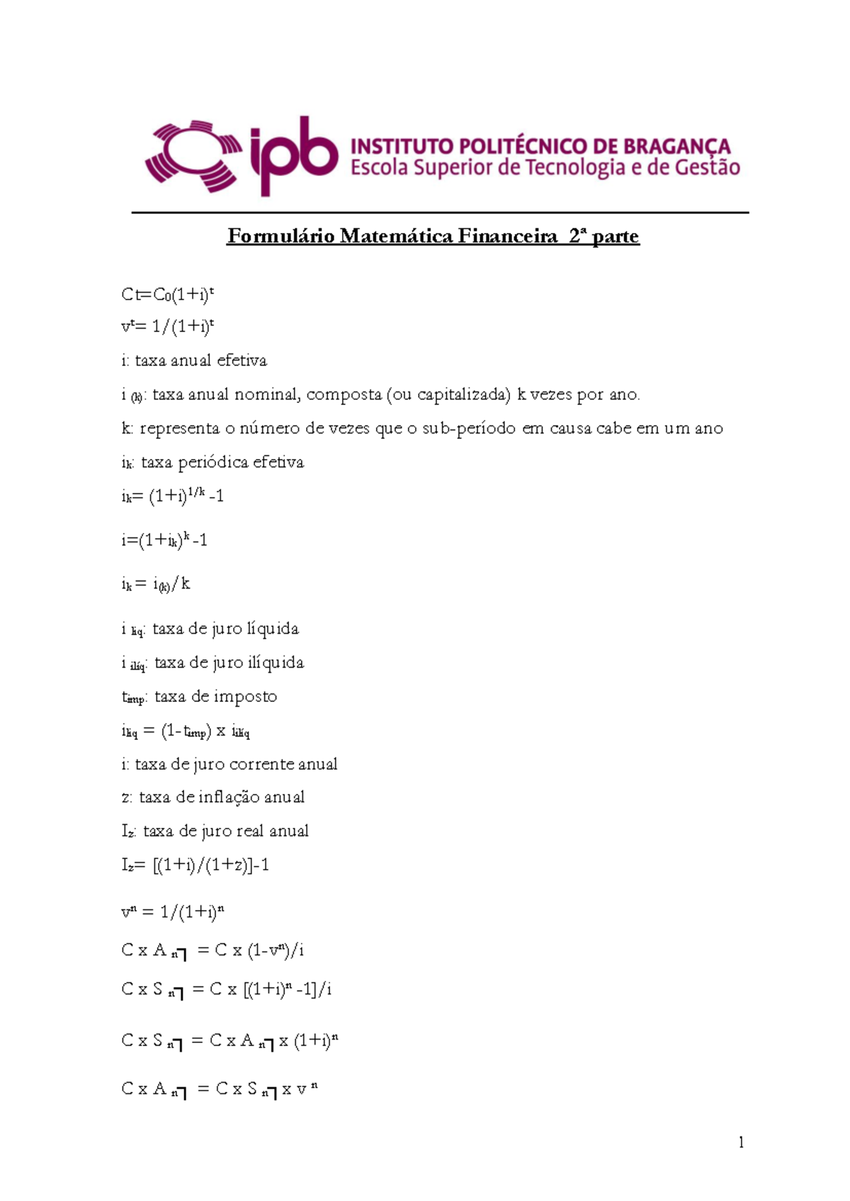 1. Matemática Financeira sebenta F1 - 1 Formulário Matemática ...