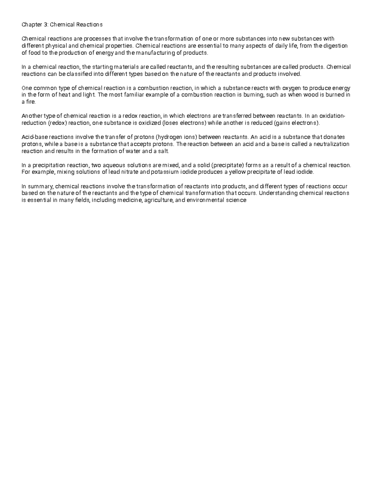 Chemistry chapter 3 - Chapter 3: Chemical Reactions Chemical reactions ...