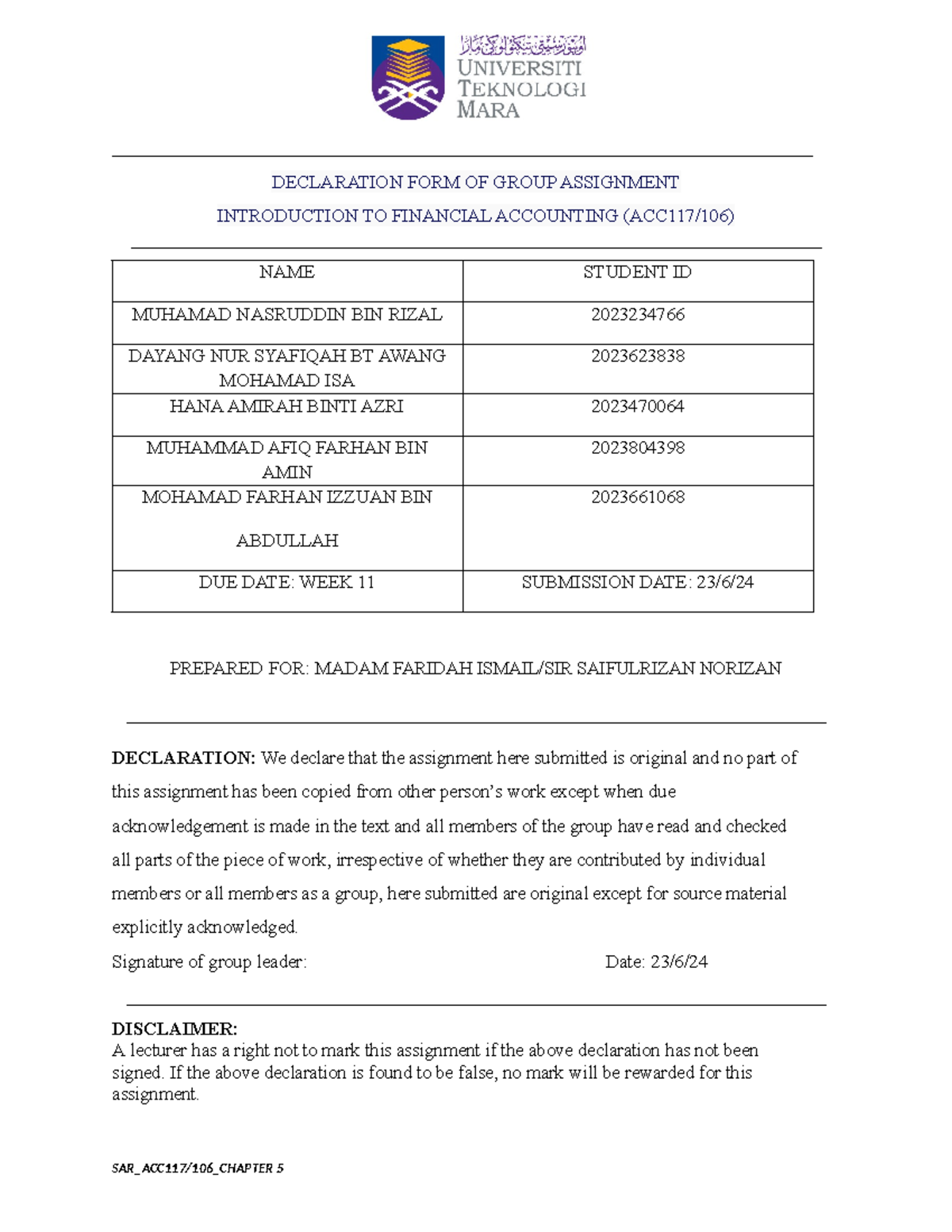 Assignment ACC117 Group 8 - - Studocu
