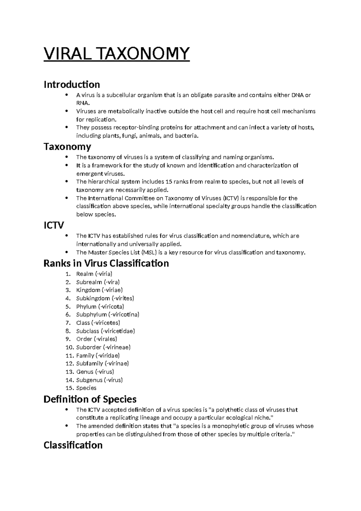 Viral taxonomy - VIRAL TAXONOMY Introduction A virus is a subcellular ...