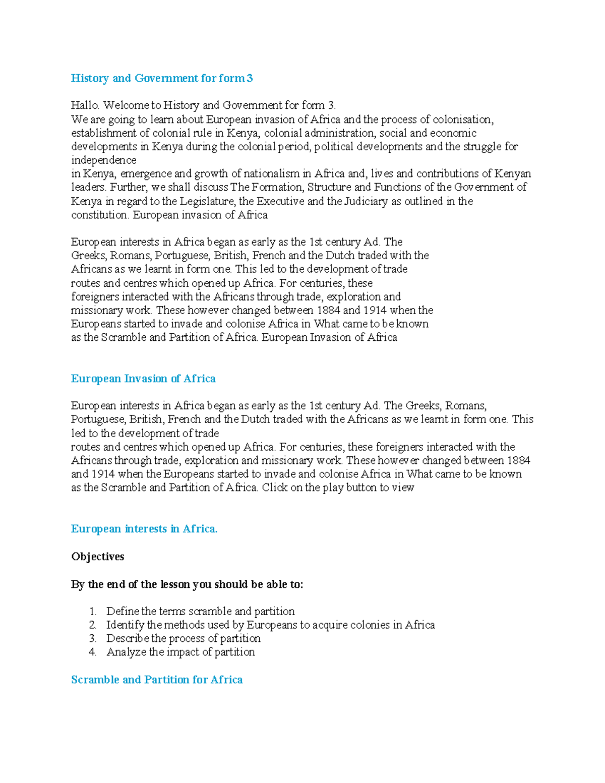 History FORM 3 Notes - History and Government for form 3 Hallo. Welcome ...