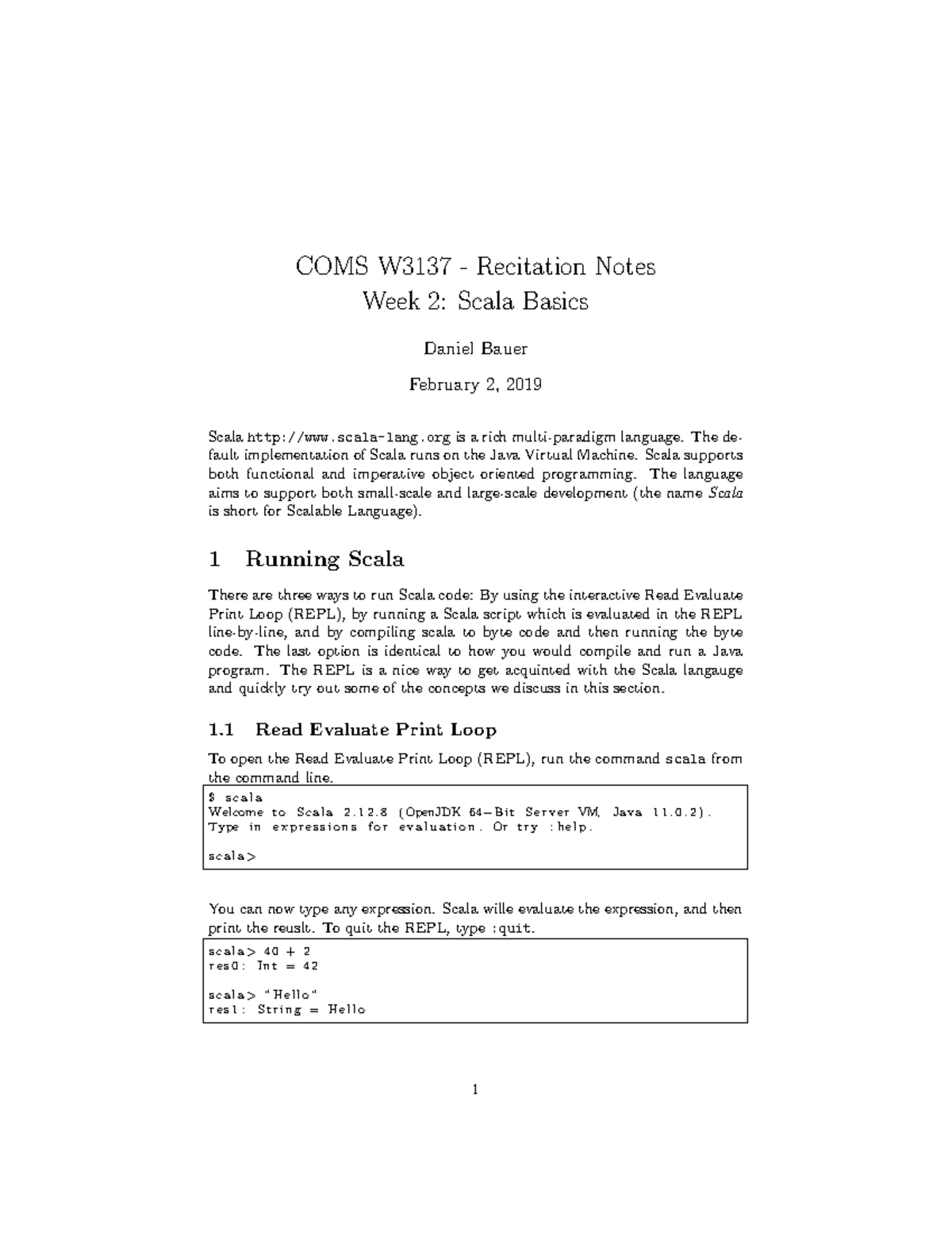 Recitation 2 scala basics - COMS W3137 - Recitation Notes Week 2: Scala ...