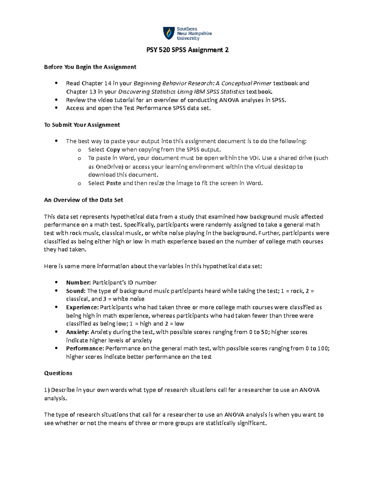 PSY 520 SPSS Assignment 2 - PSY 520 SPSS Assignment 2 Before You Begin the Assignment Read ...