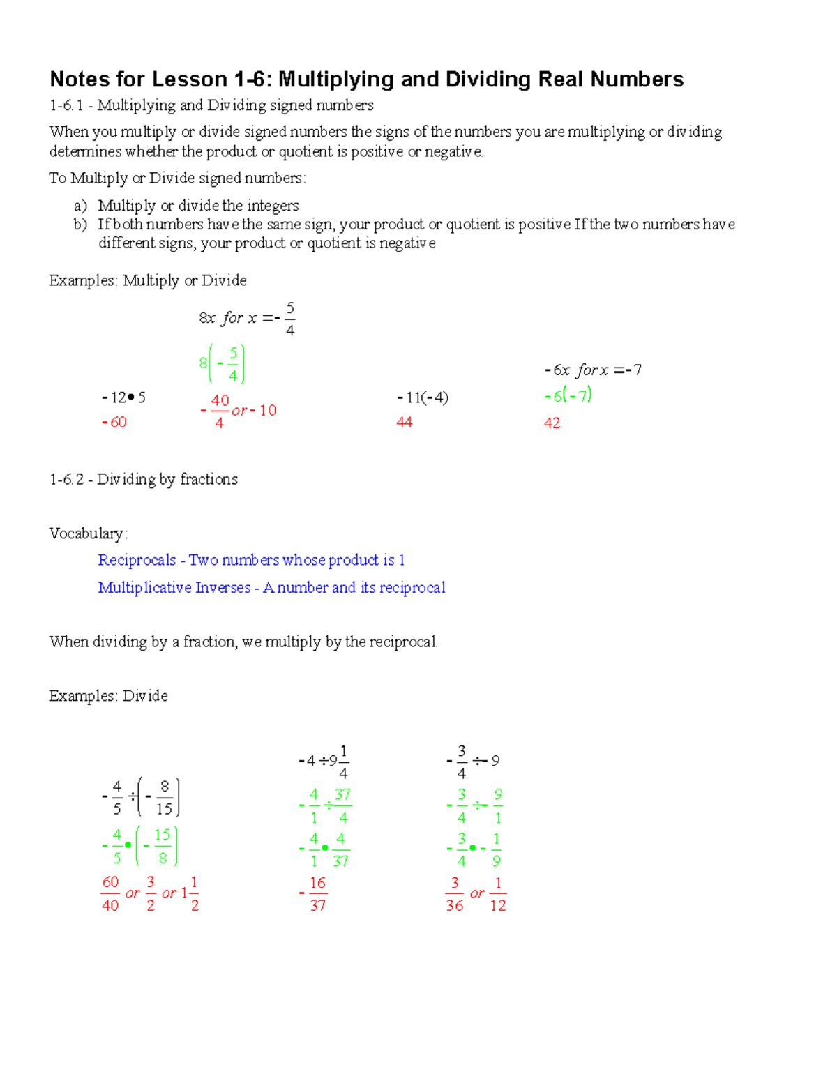 College Algebra Lesson-1-6 - Notes for Lesson 1-6: Multiplying and ...