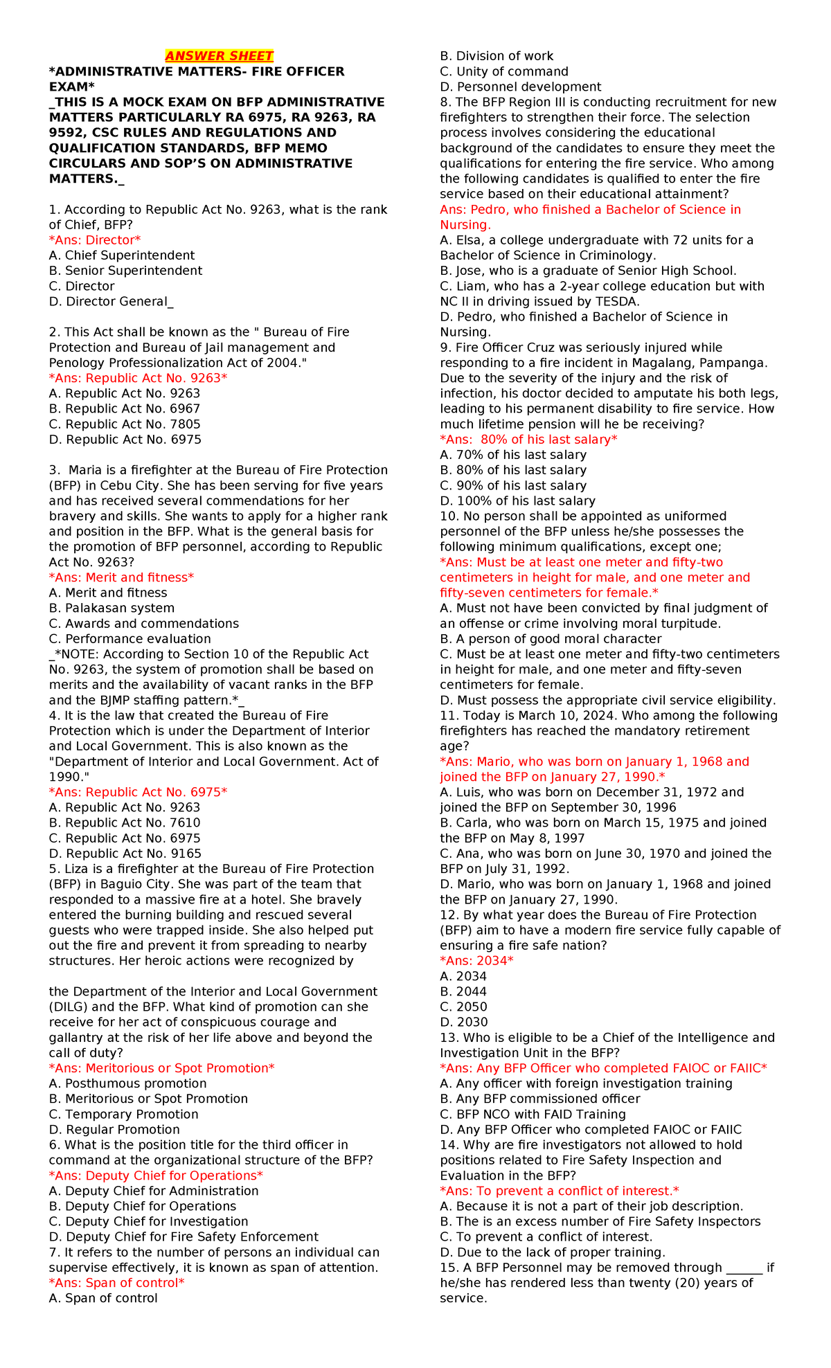 Administrative Matters-FOE - ANSWER SHEET *ADMINISTRATIVE MATTERS- FIRE ...