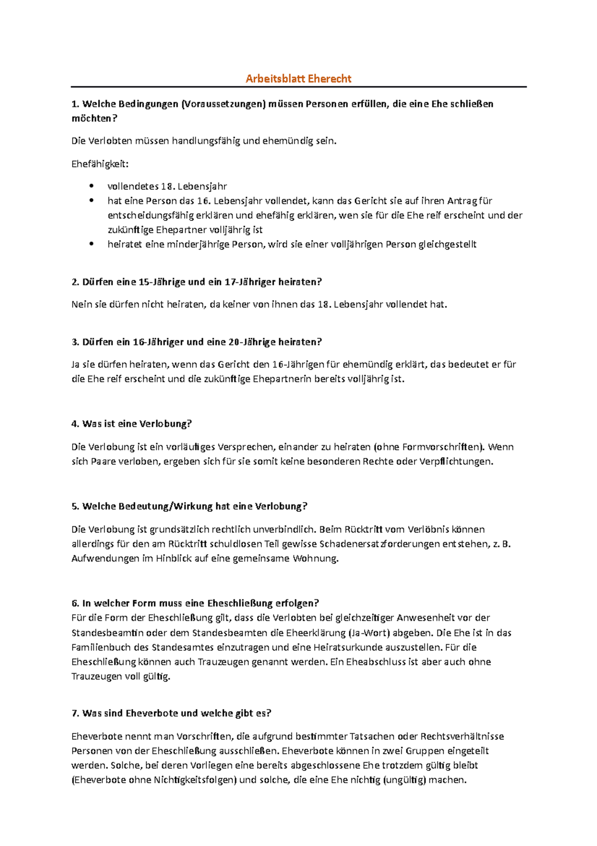 AB Eherecht - Arbeitsblatt Eherecht Welche Bedingungen (Voraussetzungen ...