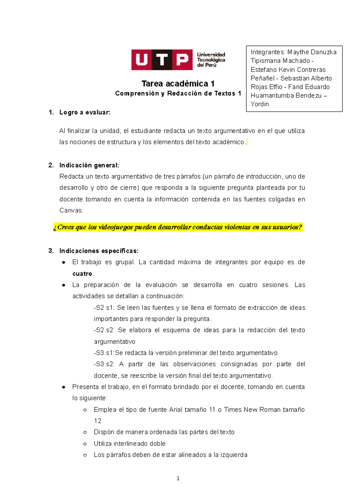 GC N01I TA1Consigna 22C1M - Tarea académica 1 Comprensión y Redacción de Textos 1 1. Logro a ...