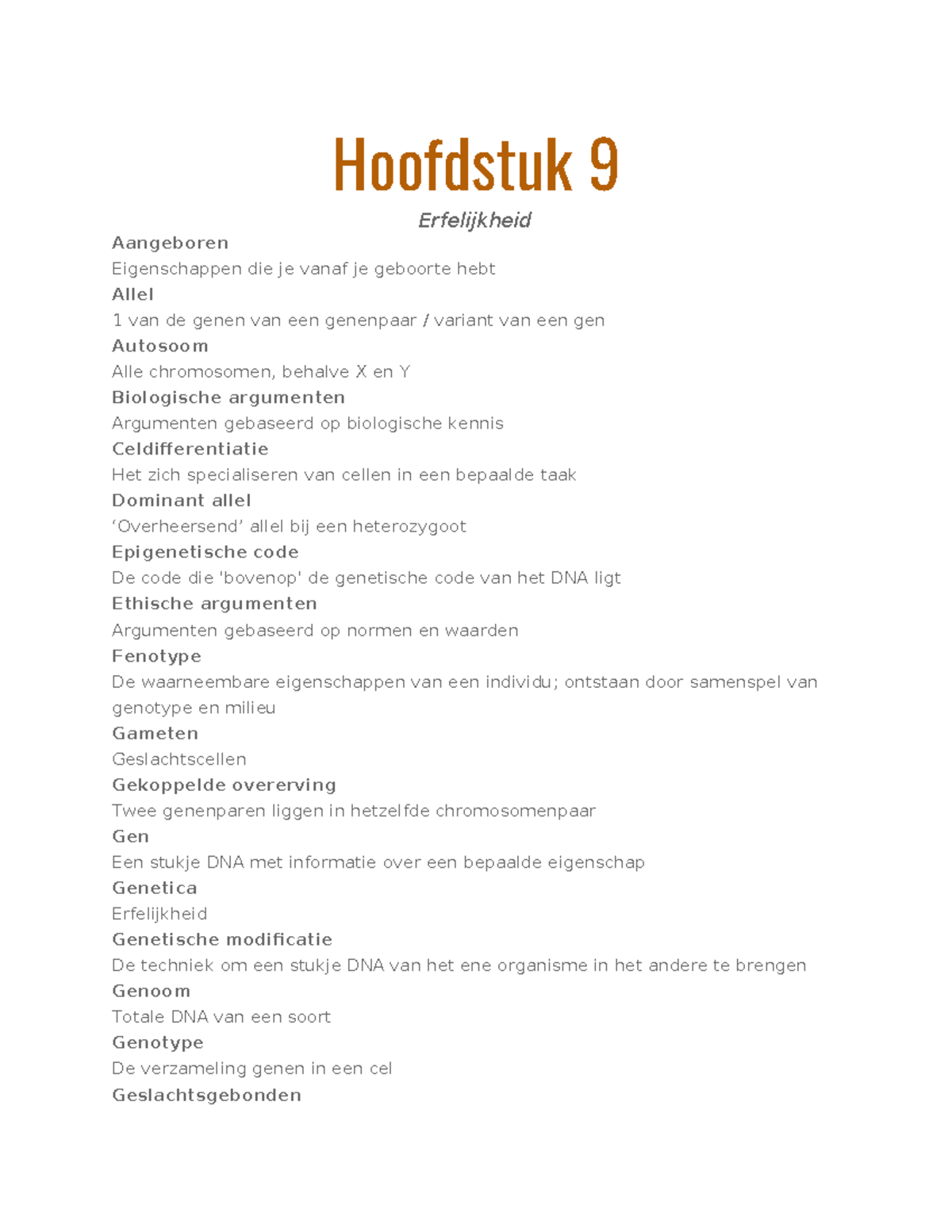 H9 - Begrippenlijst - Hoofdstuk 9 Erfelijkheid Aangeboren Eigenschappen ...