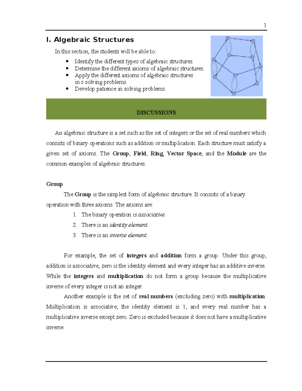 Learning-Module-1 Chapter-I-Abstract-Algebra - I. Algebraic Structures ...
