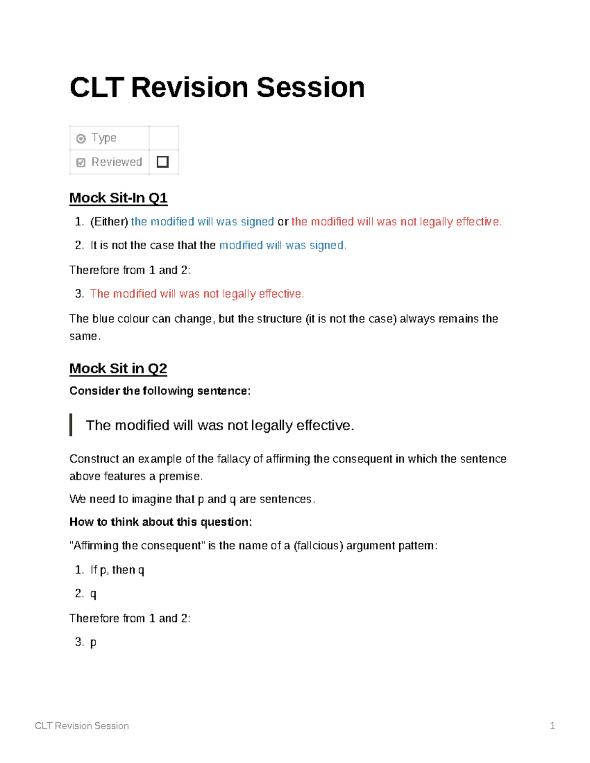 CLT Revision Session Notes - CLT Revision Session Type Reviewed Mock ...