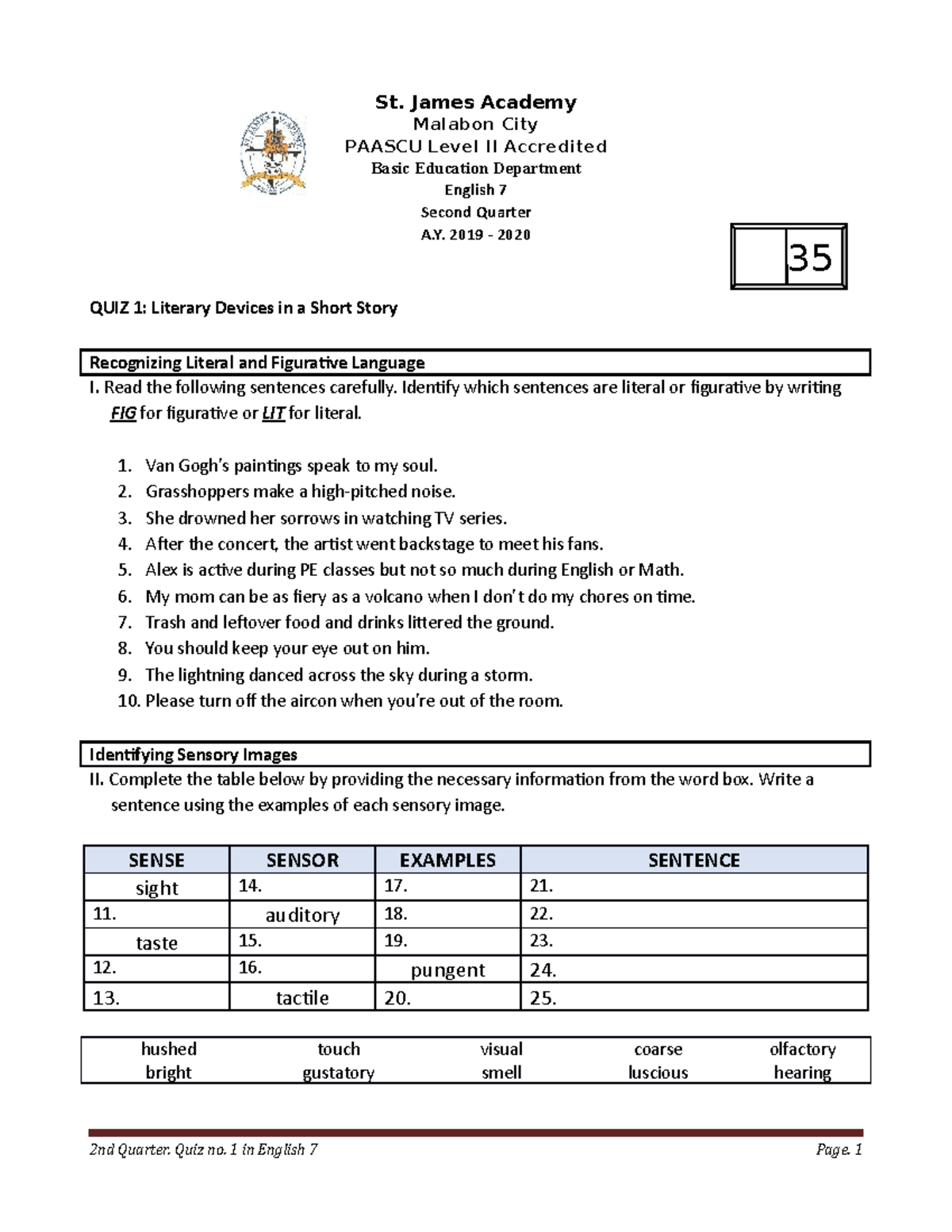 English 7 Q2 QUIZ 1 - lesson plan - St. James Academy Malabon City ...