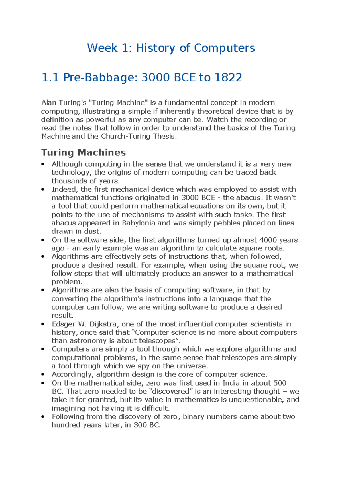 Week 1 - Week 1 Notes - Week 1: History of Computers 1 Pre-Babbage ...