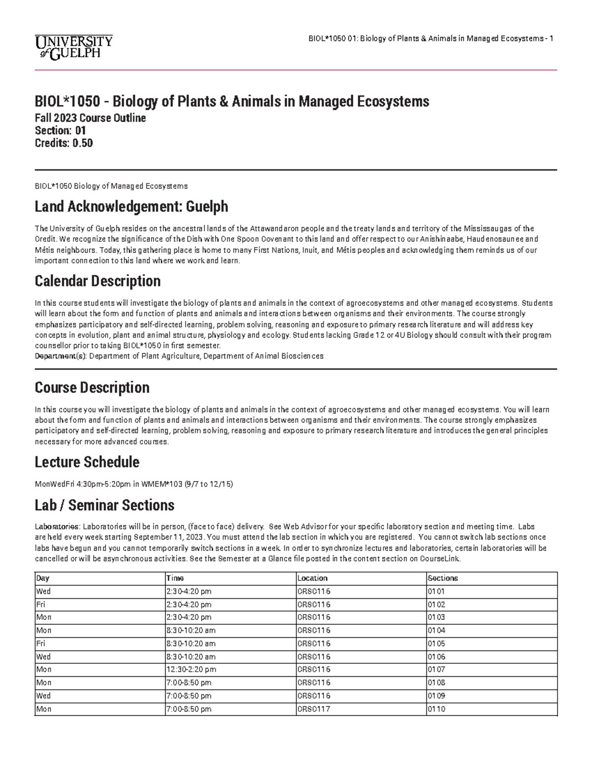 BIOL-1050 Course Outline F23 - BIOL*1050 - Biology of Plants & Animals ...