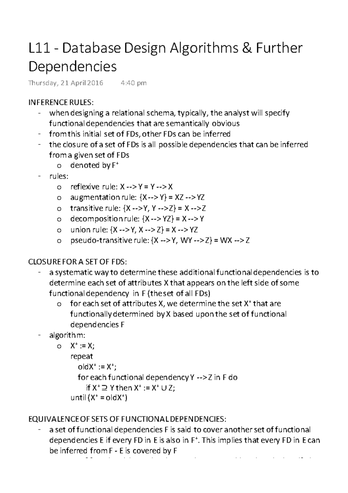 L11 Database Design Algorithms And Further Dependencies L11 Database Design Algorithms