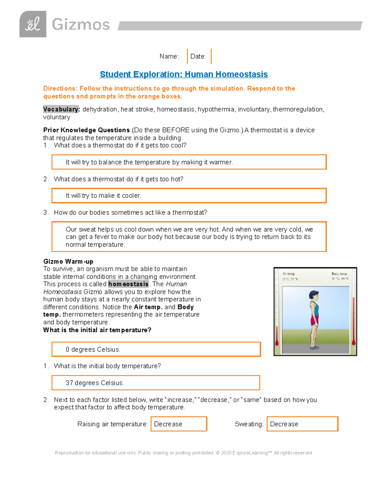 Human Homeostasis SE - Name: Date: Student Exploration: Human ...