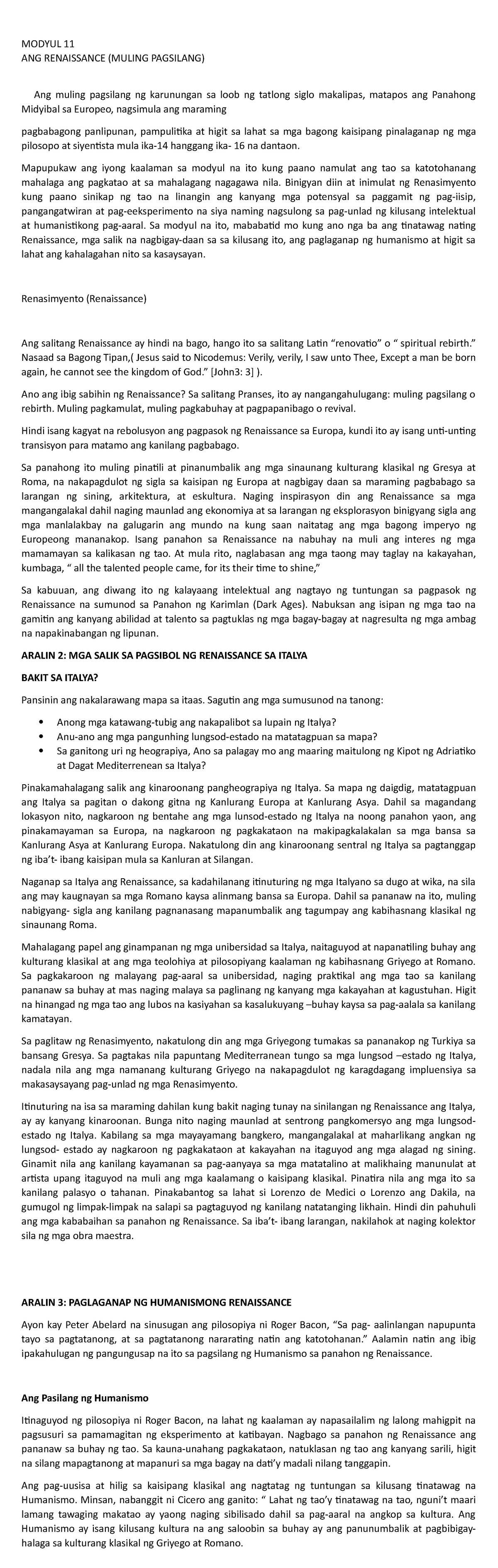 III 11-15 - Pantulong kasanayan - MODYUL 11 ANG RENAISSANCE (MULING ...