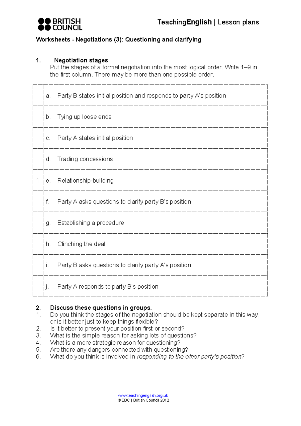 Negotiations 3 Questioning and clarifying worksheet - Worksheets ...
