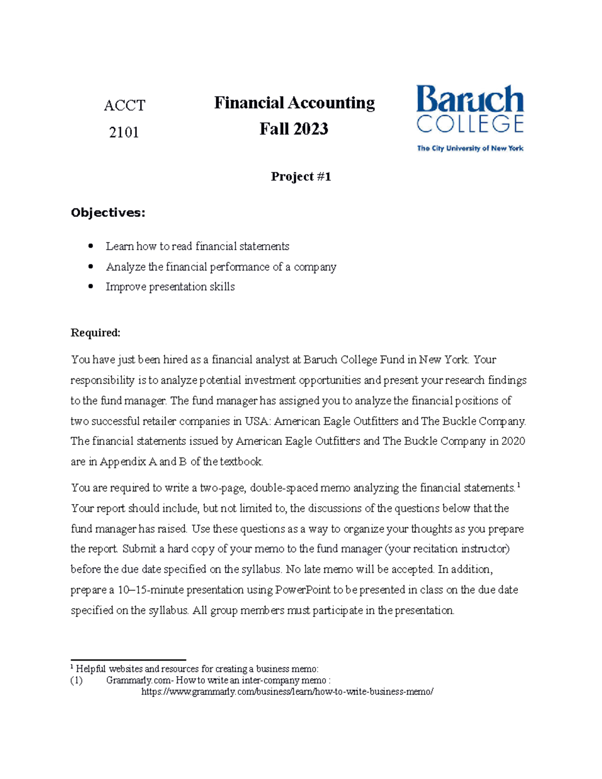 Project 1 - ACCT 2101 Financial Accounting Fall 2023 Project Objectives ...