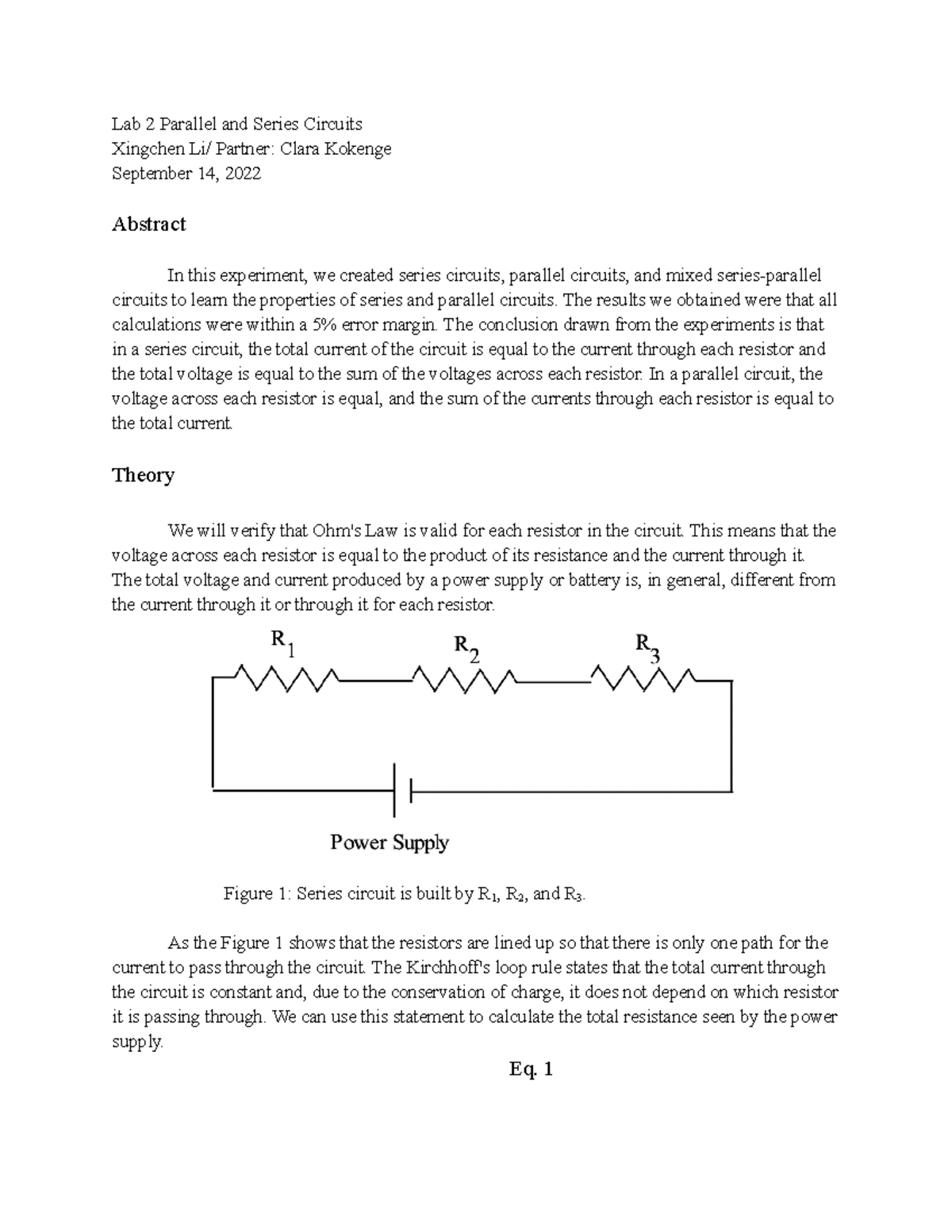 Xingchen Li Lab 2 - Lab report - Lab 2 Parallel and Series Circuits ...