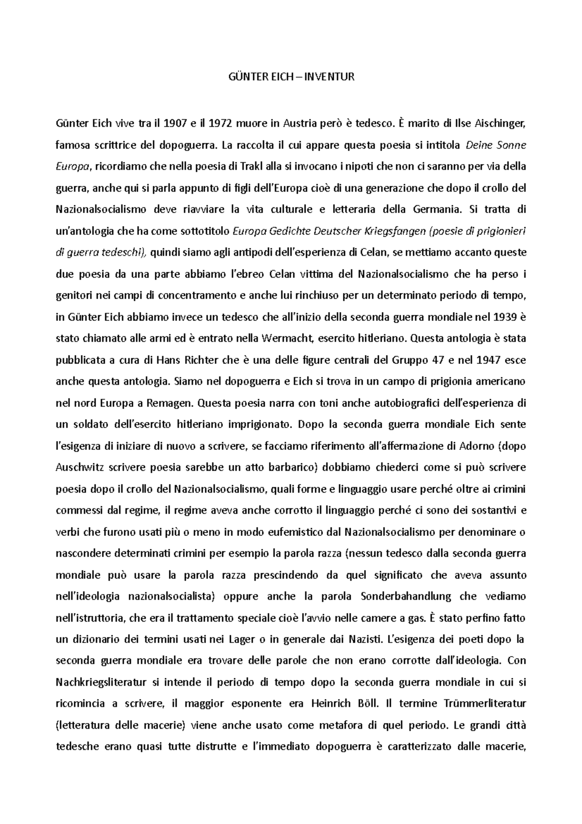 Poesia 6 - EICH INVENTUR Eich vive tra il 1907 e il 1972 muore in ...