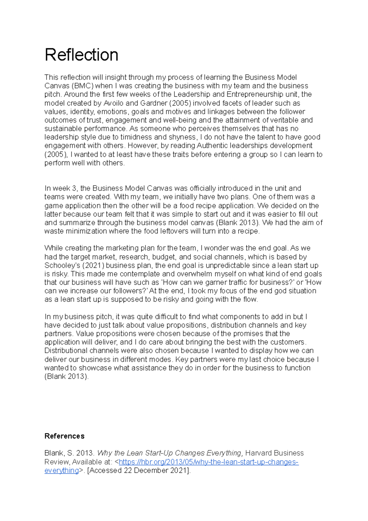 Reflection for Business Pitch - Reflection This reflection will insight ...