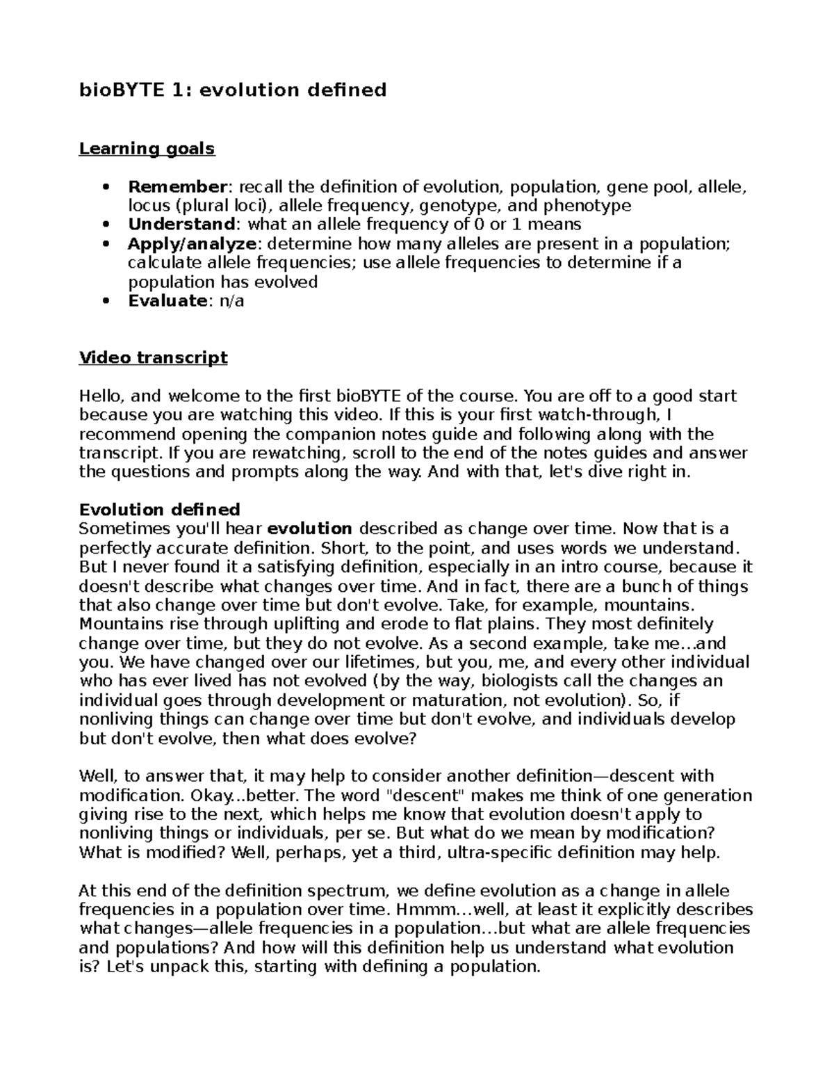 1802.Notes guide.bio BYTE 1 - bioBYTE 1: evolution defined Learning ...