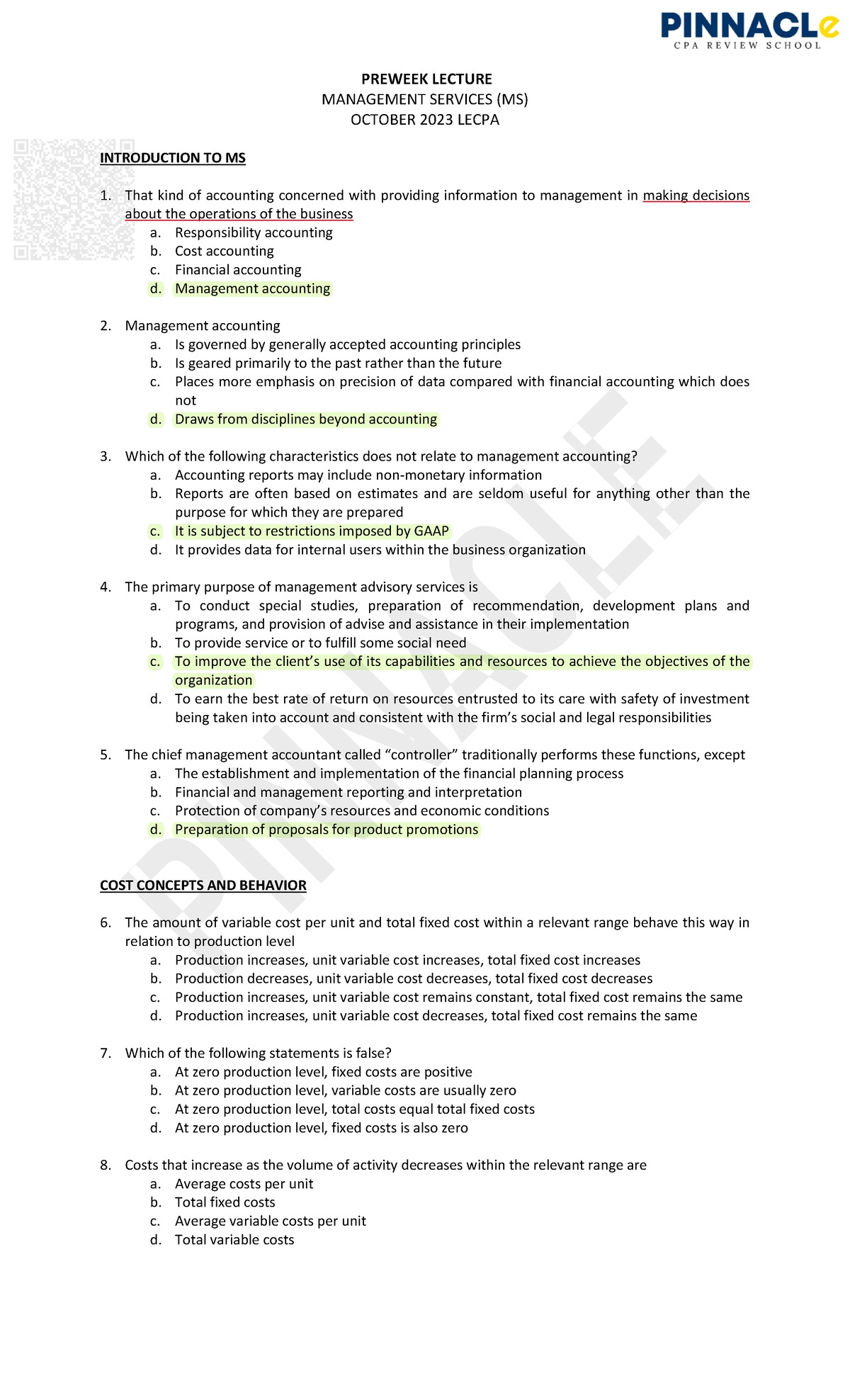 MS Preweek - PRE - PREWEEK LECTURE MANAGEMENT SERVICES (MS) OCTOBER ...