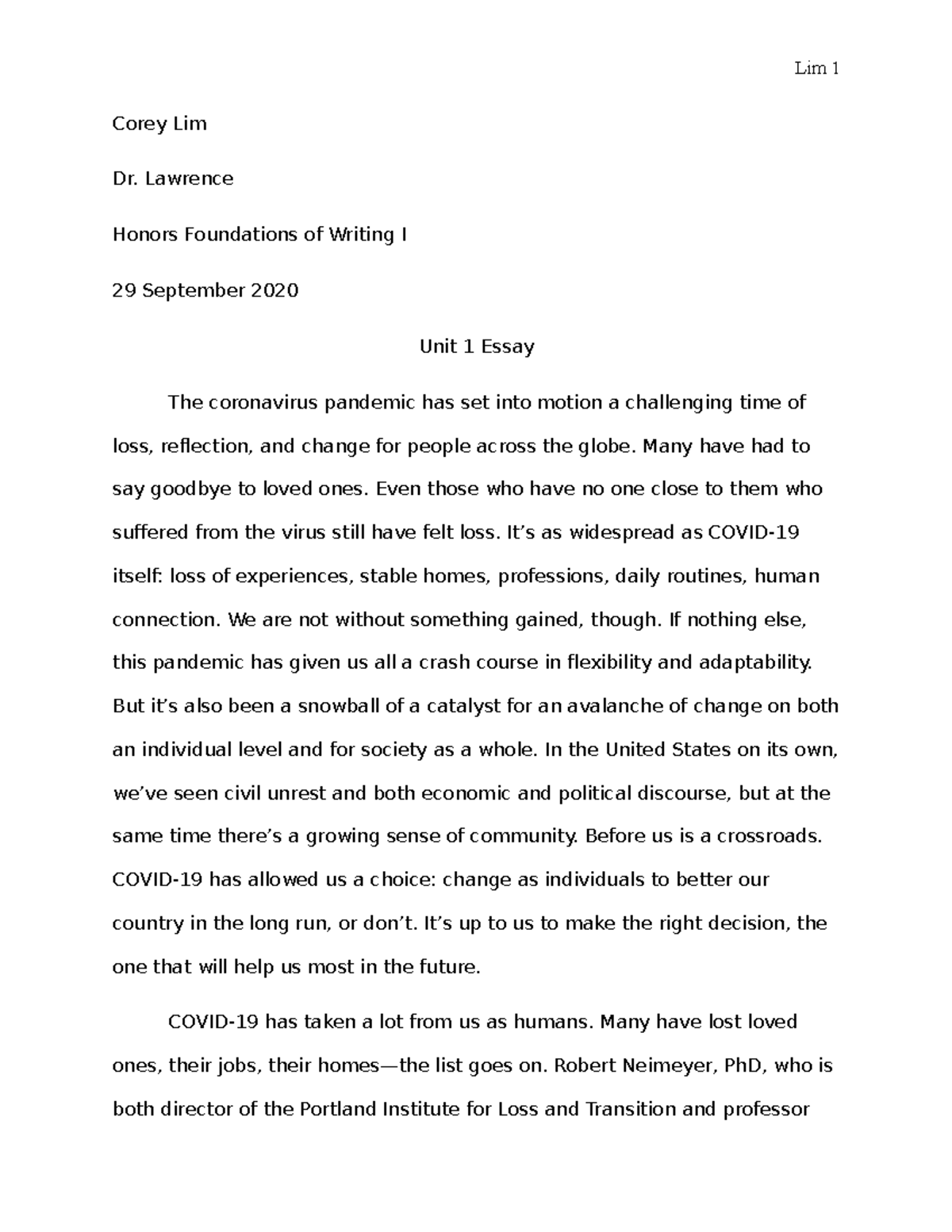 Unit 1 Essay Foundations of Writing - Corey Lim Dr. Lawrence Honors ...