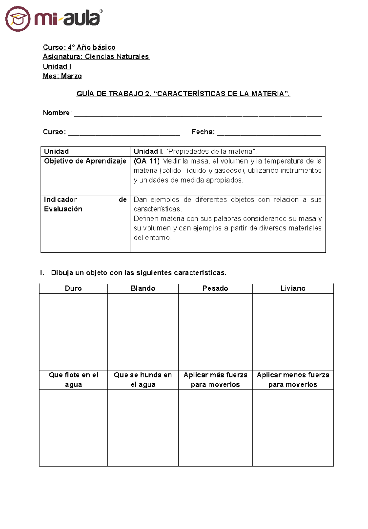 GUIA 2 - La Materia y sus propiedades - Curso: 4° Año básico Asignatura ...