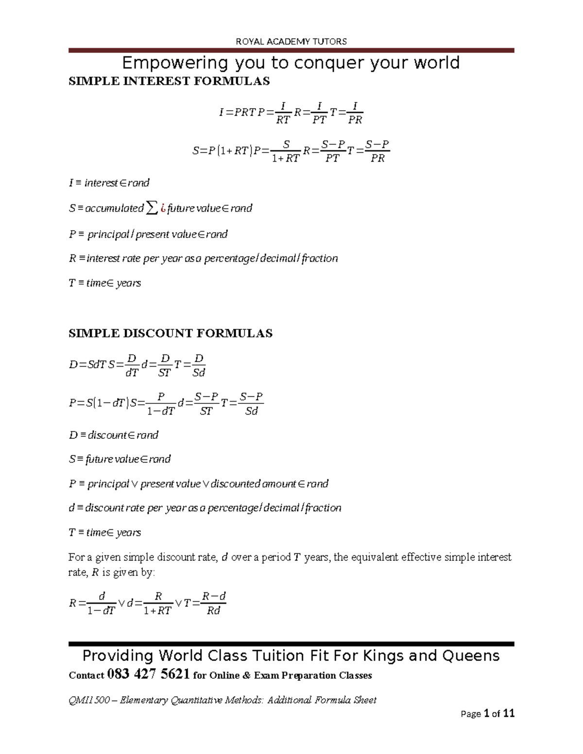 QMI1500 Formula Sheet - Empowering you to conquer your world ...