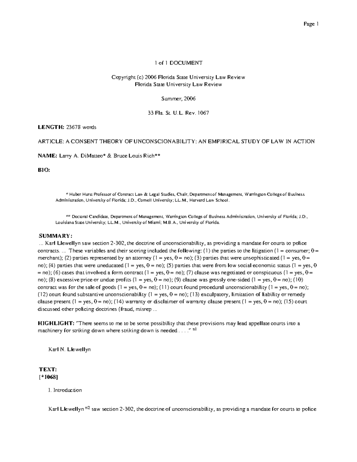 A Consent Theory OF Unconscionability AN Empirical Study OF LAW IN ...