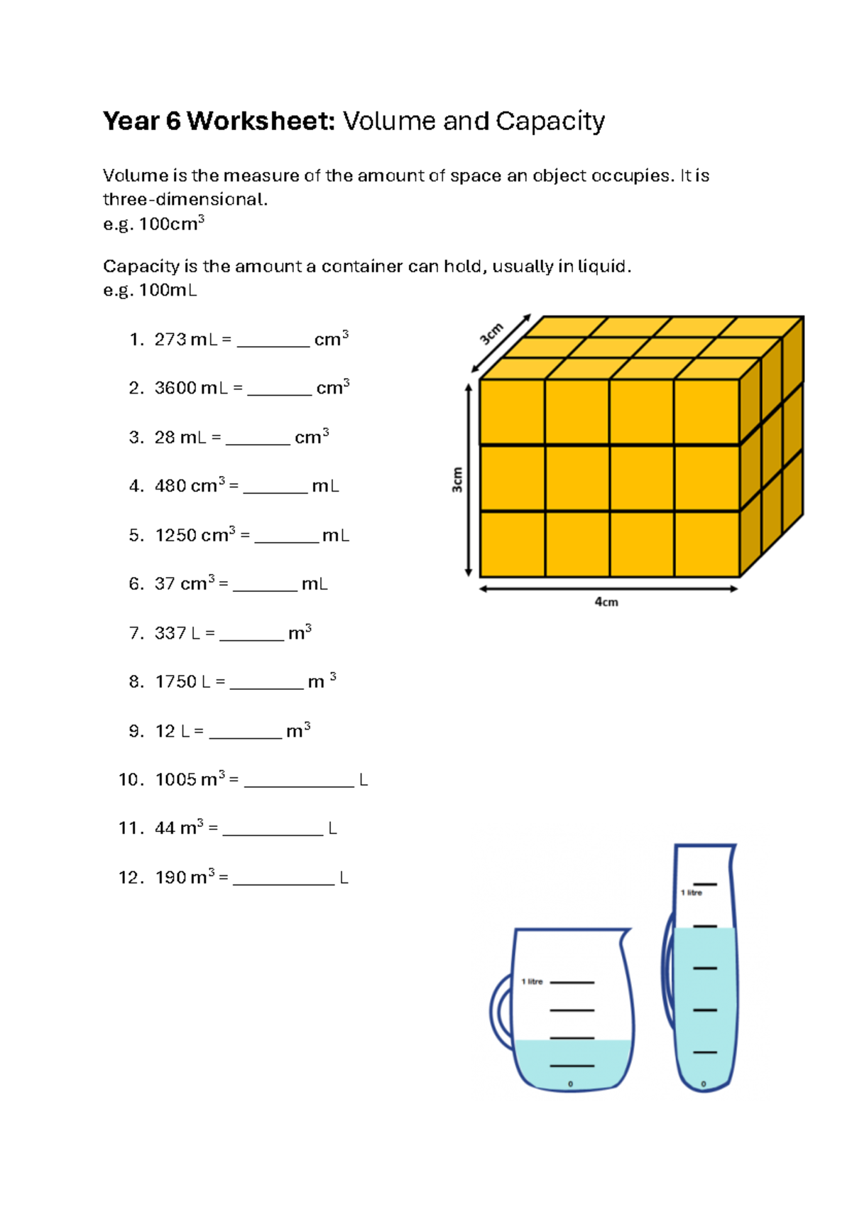 Volume and Capacity - Year 6 Worksheet: Volume and Capacity Volume is ...
