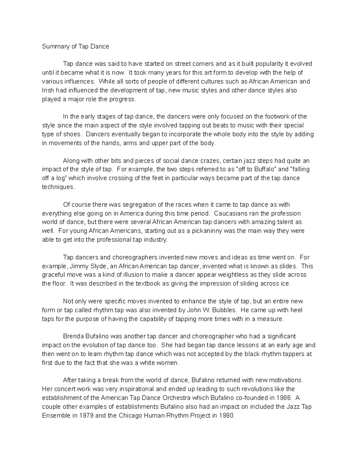 Summary of Tap Dance - It took many years for this art form to develop ...