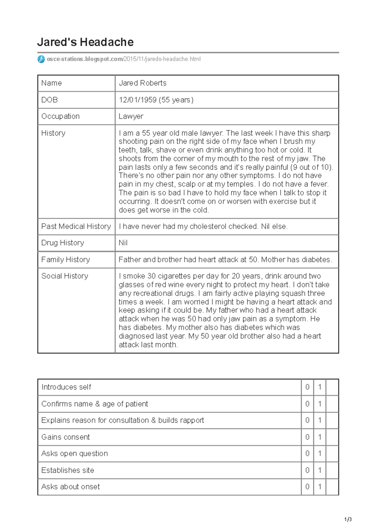 Headache history 1 - OSCE practice - 1/ Jared's Headache osce-stations ...