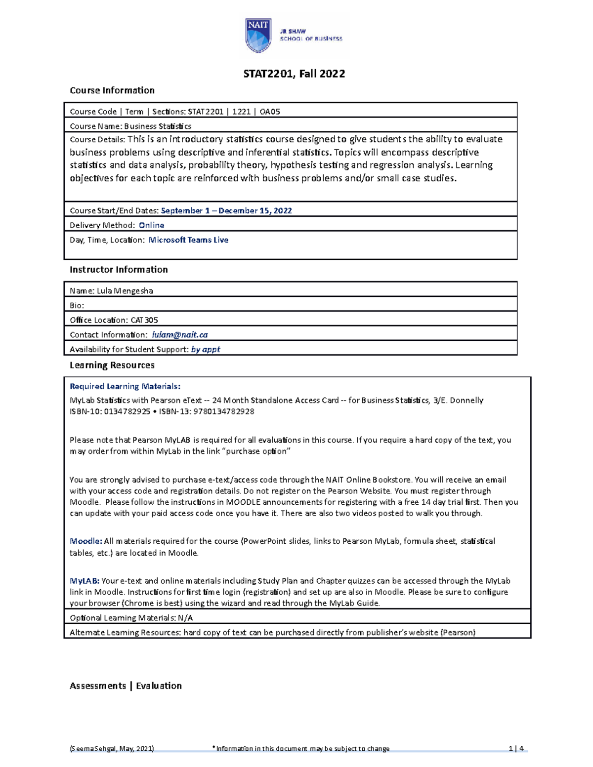 STAT2201 Syllabus OA05 - Course Information Course Code | Term ...